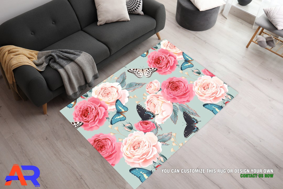 Roses Area Rug, Butterfly Rug, Floral Area Rug, Floral Pattern ...