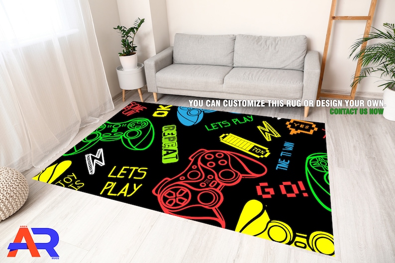 Pixel Game Style Rug, Gaming Area Rug, Neon Game Controller Carpet ...