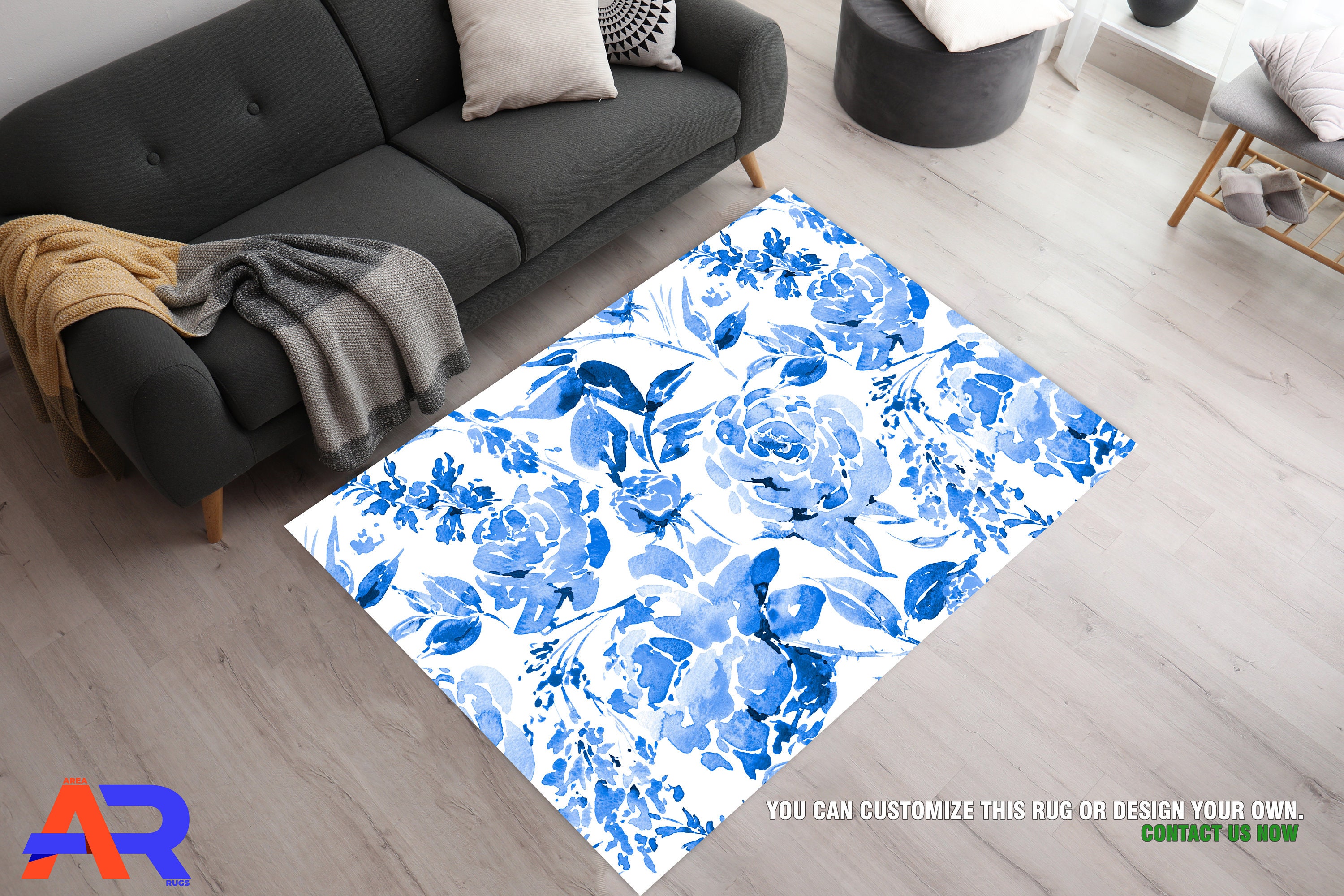 Blue Floral Rugs, Floral Accent Rug, Blue Area Rugs, Watercolor Rug ...