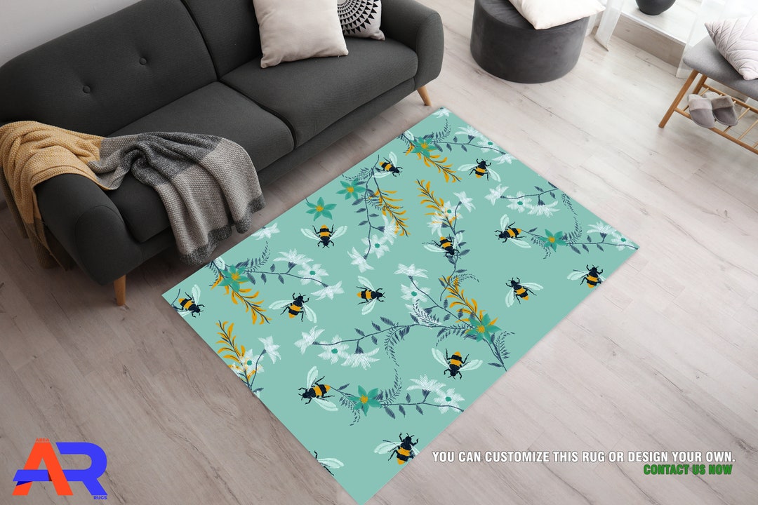 Insect Rugs, Bee Rug, Aqua Area Rug, Teal Area Rug, Floral Accent Rug ...