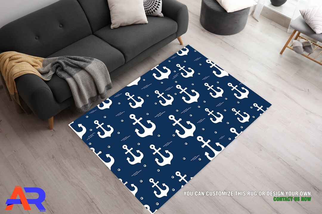 Blue Area Rug, Nautical Rug, Anchor Rug, Navy Area Rug, Blue and White ...