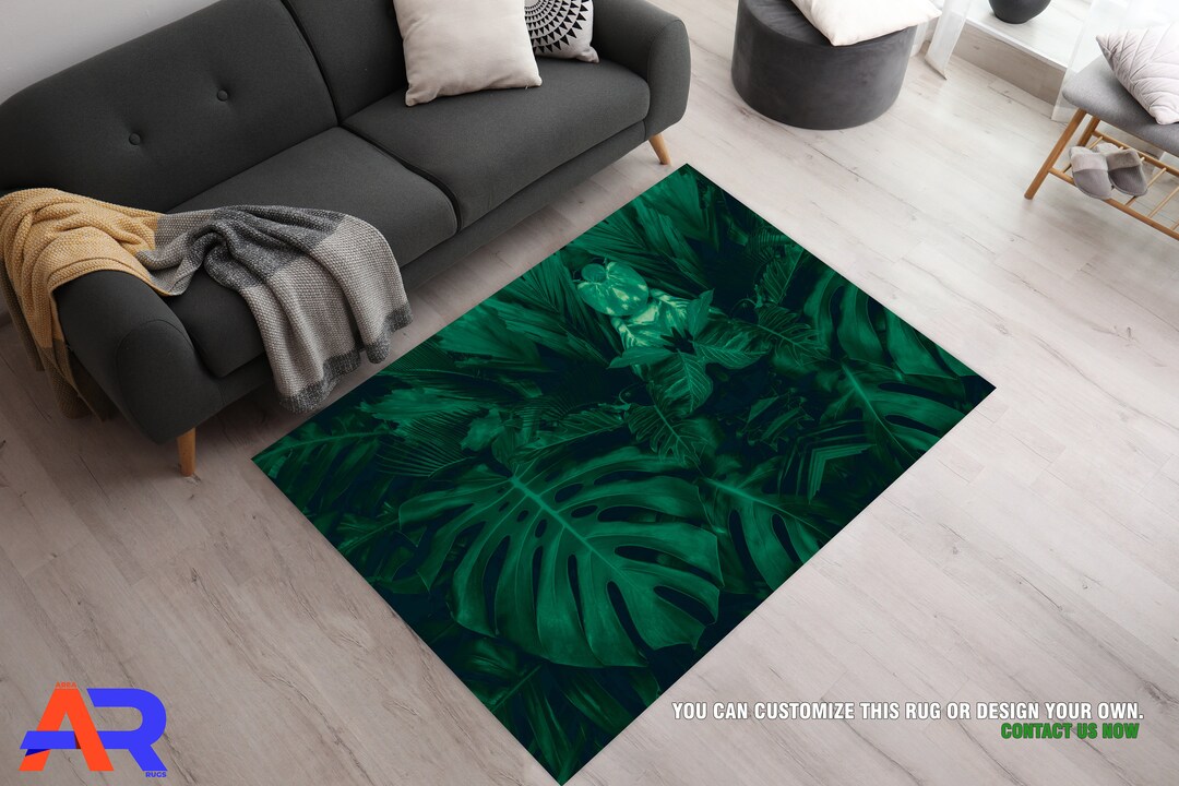 Dark Green Rugs, Green and Black Area Rugs, Tropical Leaf Rug, Forest ...