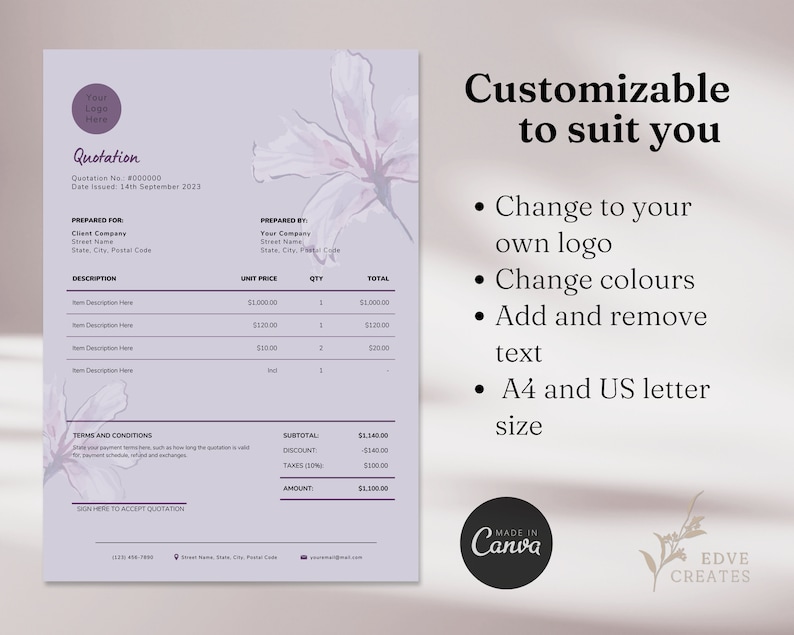 Quotation Template Floral, Small Business, Freelancer, Customizable ...