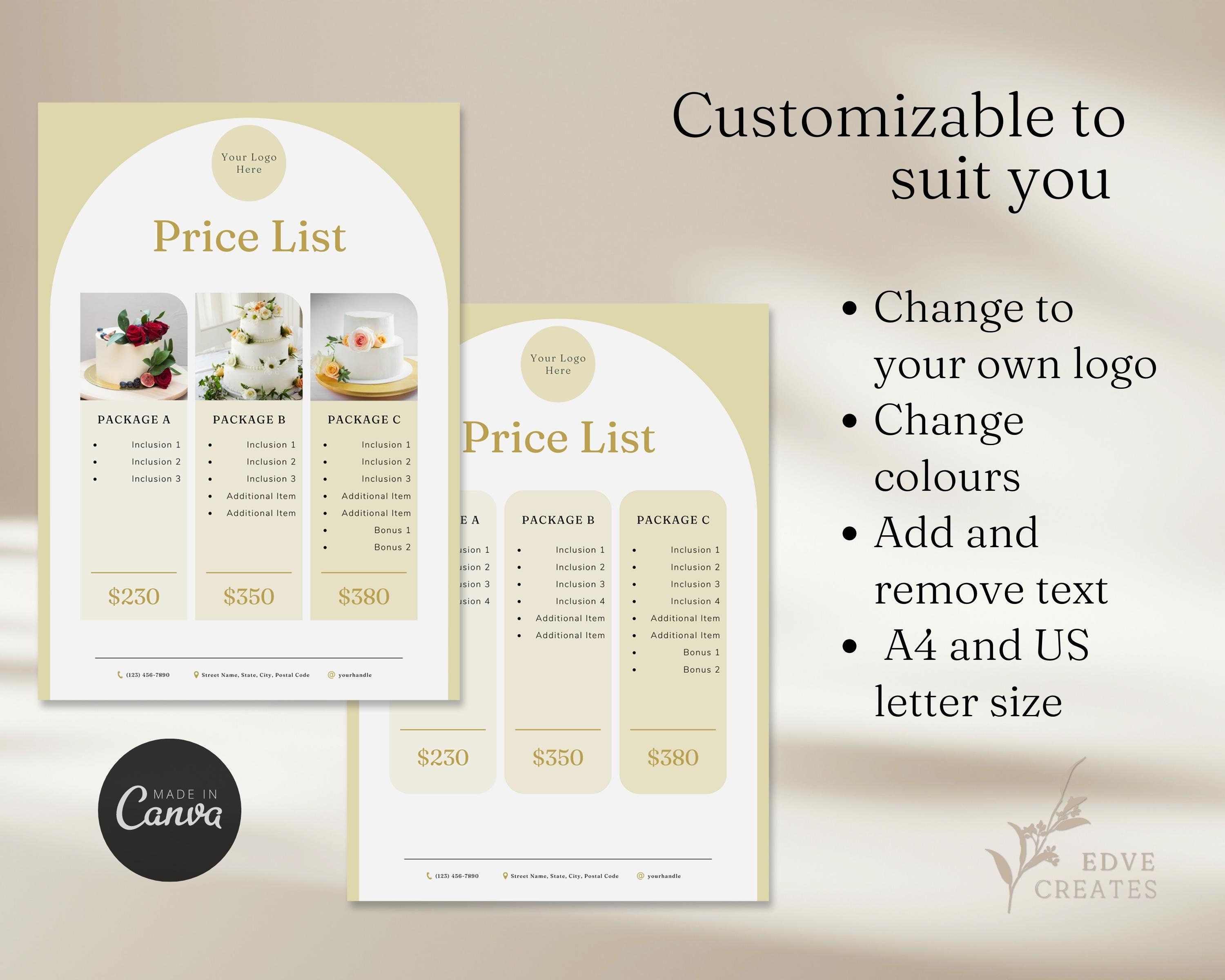 Price List Template - Small Business, Customizable Format, Printable ...