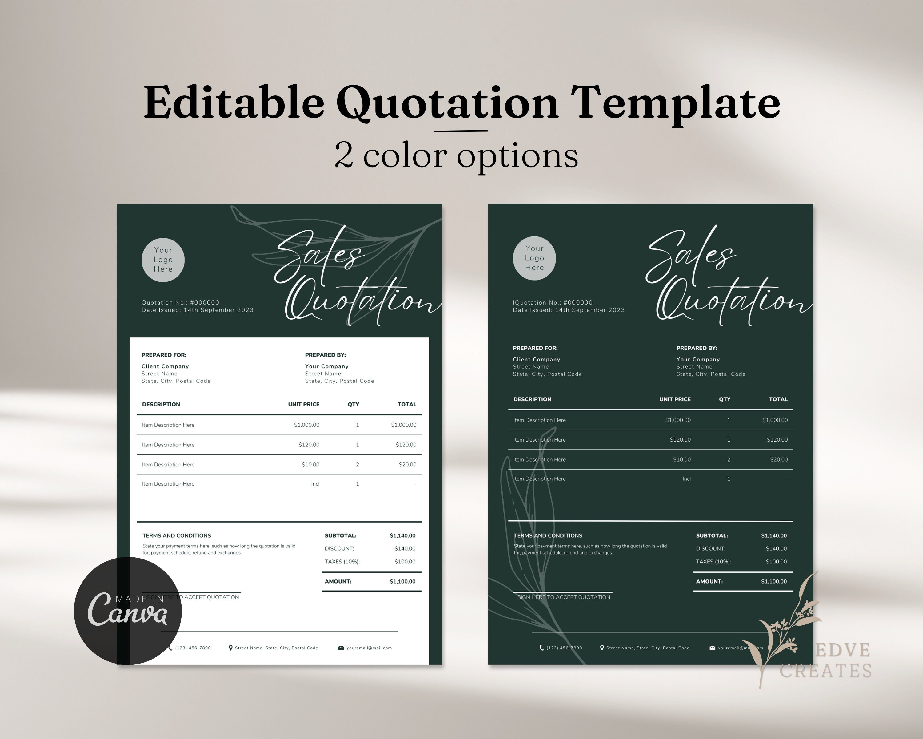 Quotation Template - Botanic, Small Business, Freelancer, Customizable ...