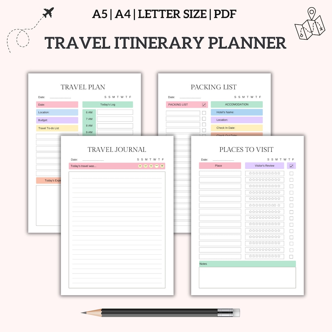Travel Itinerary Bundle Printable, Travel Planner Template, Vacation ...