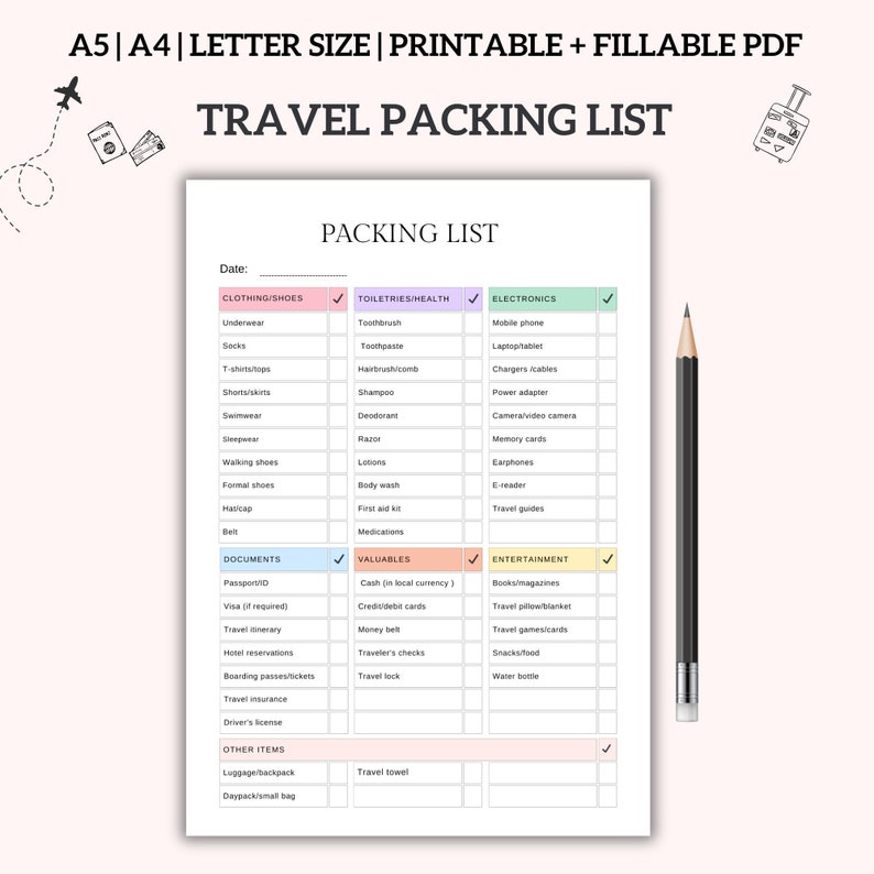 Printable Travel Packing List, Packing List Editable Template, Travel ...