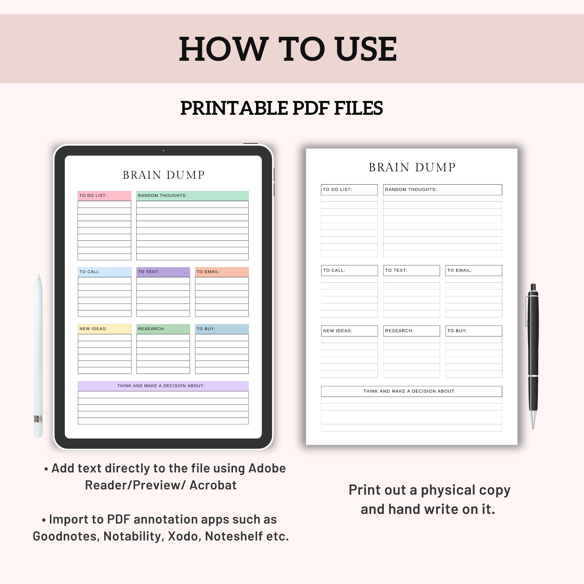 Brain Dump Planner Printable, Thought Organizer, Get It Done Plan, Mind ...