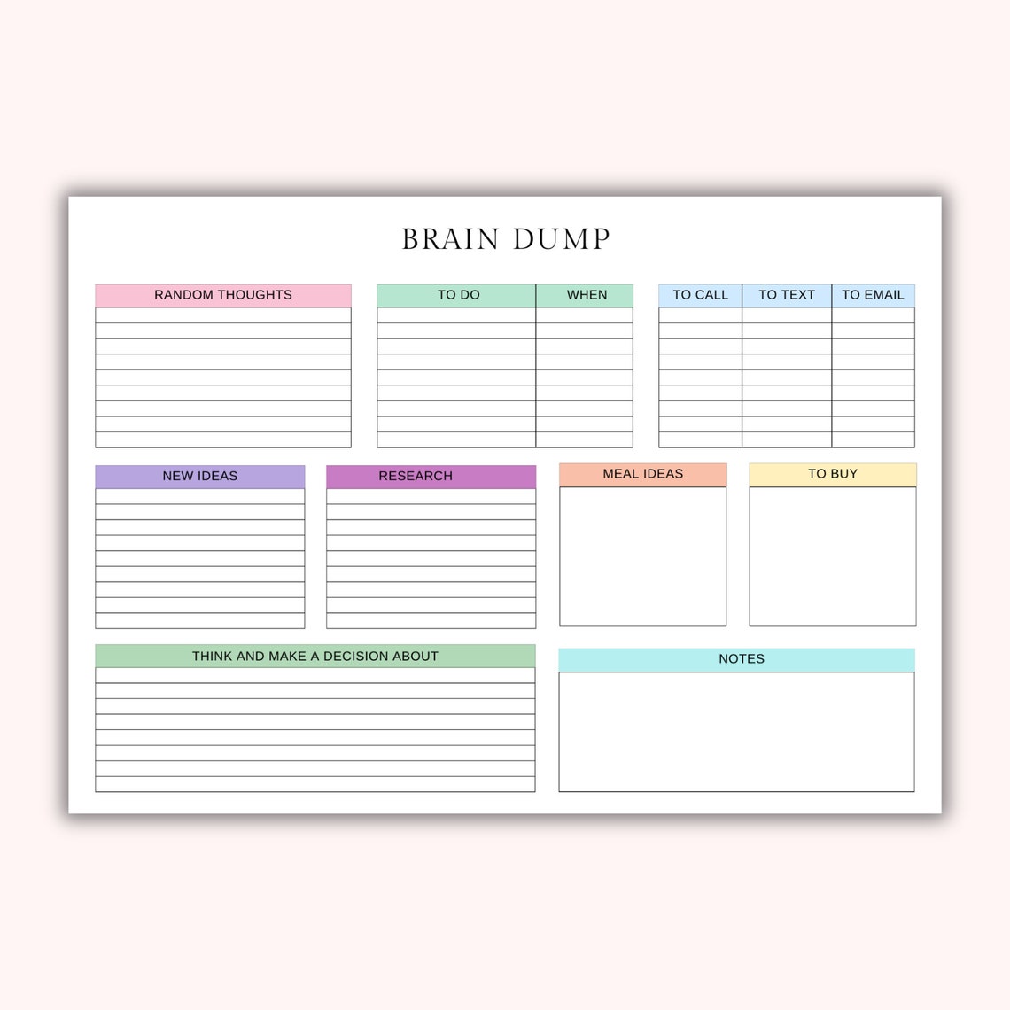 Printable Brain Dump Landscape, ADHD Brain Bump, Brain Dump ...