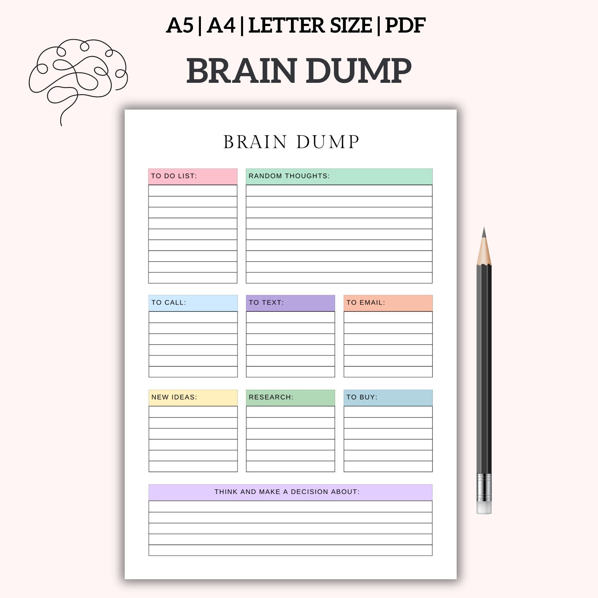 Brain Dump Planner Printable, Thought Organizer, Get It Done Plan, Mind ...