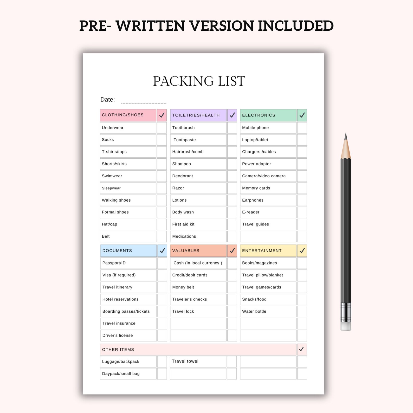 Printable Travel Packing List, Packing List Editable Template, Travel ...