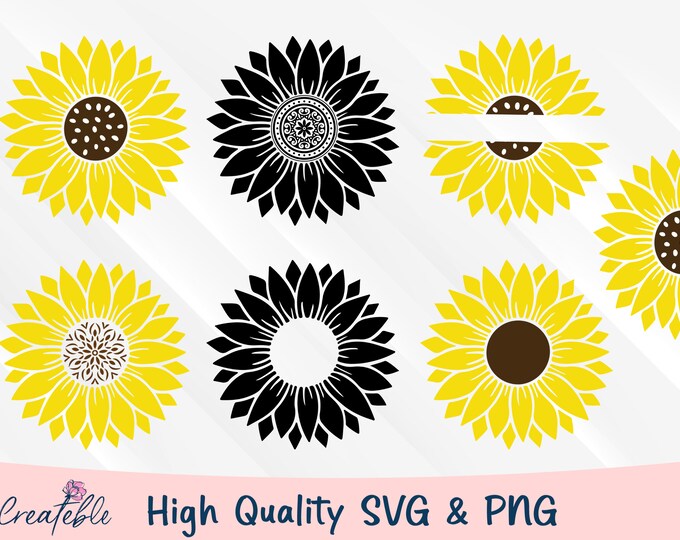 Sunflower Svg Bundle Instant Download | Sunflower Png | Half Sunflower ...