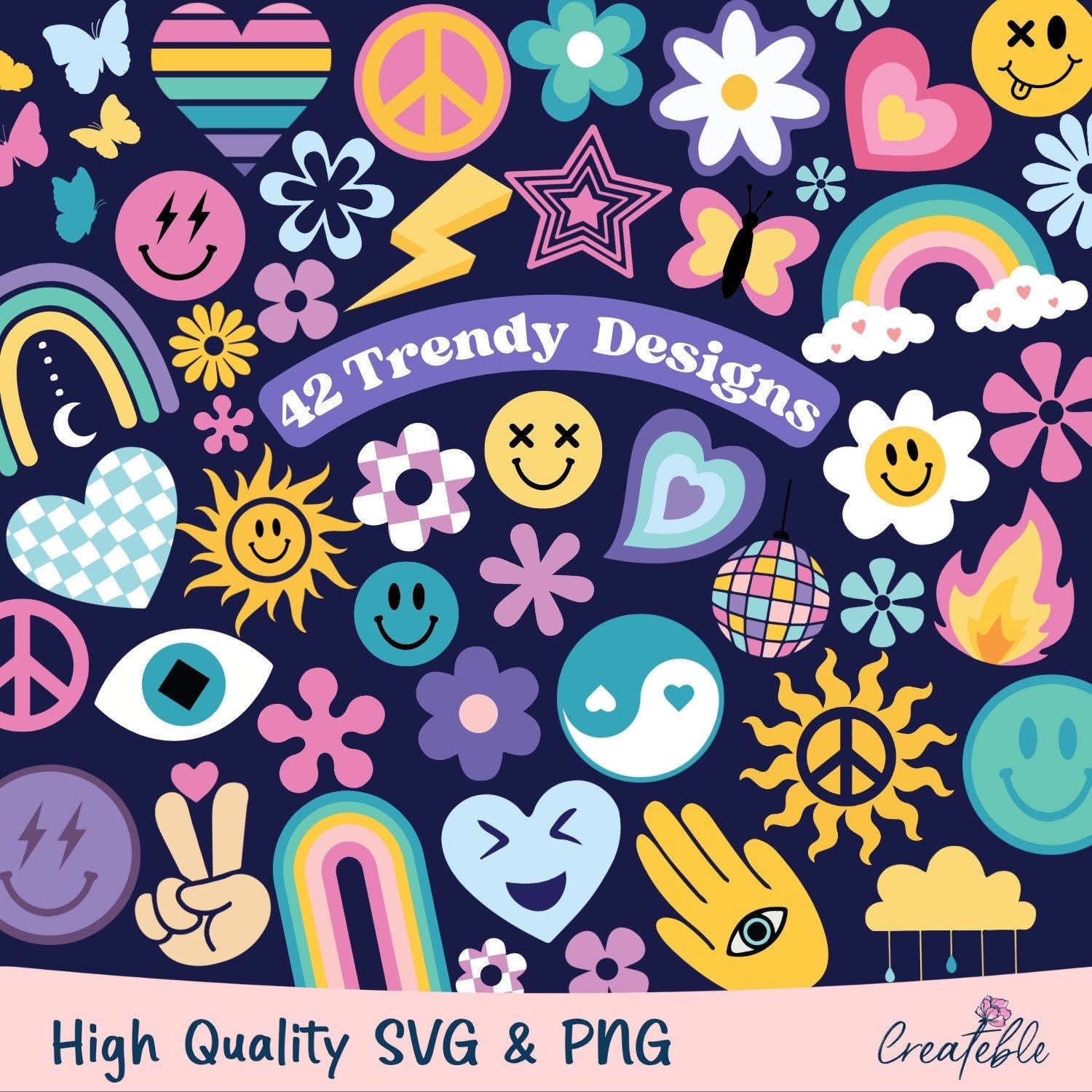 Trendy SVG Bundle, Smiley Face Svg Png, Retro Svg Bundle, Boho Rainbow ...