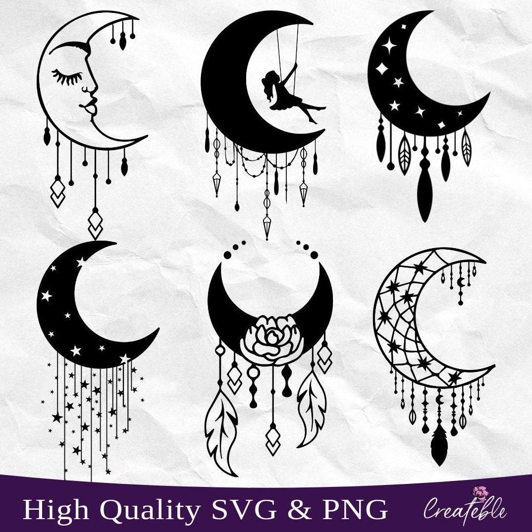 Moon Dreamcatcher SVG, Floral Moon SVG PNG, Moon Svg Bundle, Moon Face ...