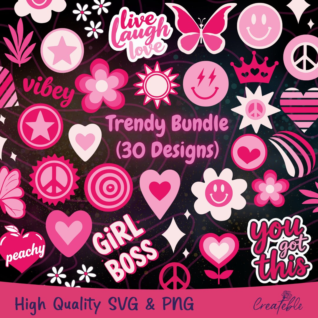 Pink Trendy SVG Bundle, Smiley Face SVG, Girl Tumbler SVG, Retro Flower ...