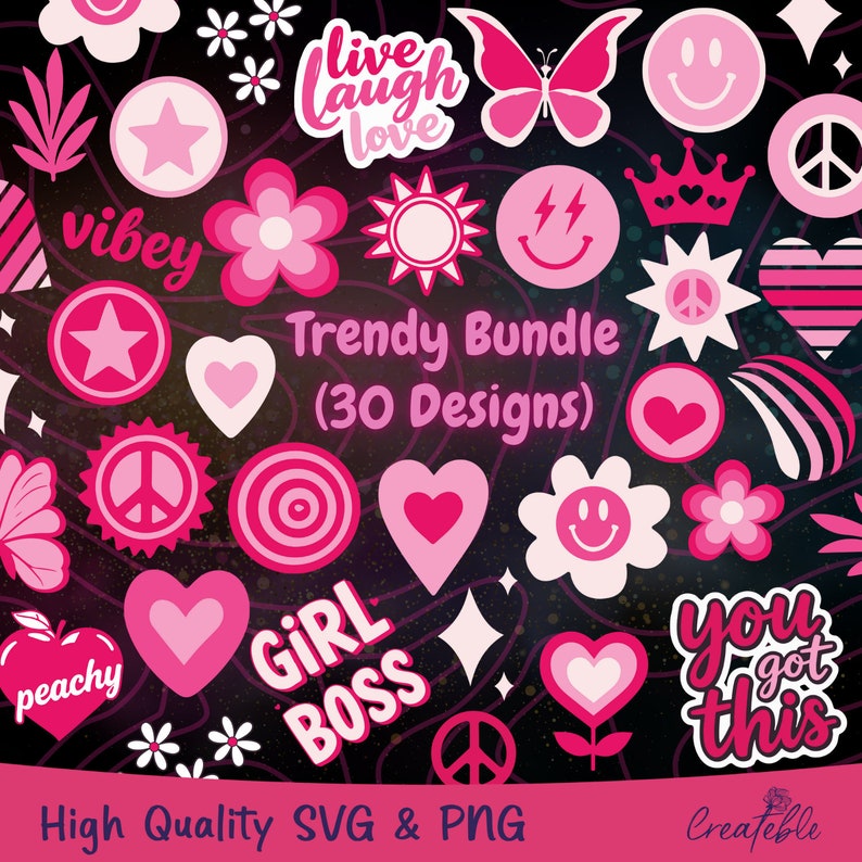 Pink Trendy SVG Bundle, Smiley Face SVG, Girl Tumbler SVG, Retro Flower ...