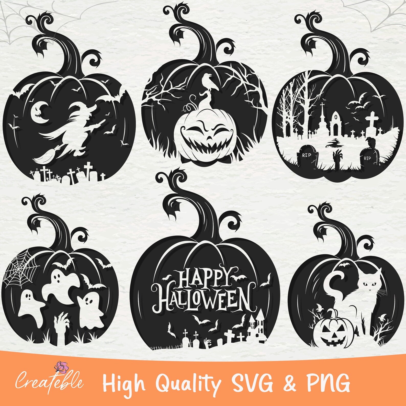 Halloween Pumpkin Bundle, Pumpkin Silhouette SVG, Pumpkin SVG PNG, Cute ...