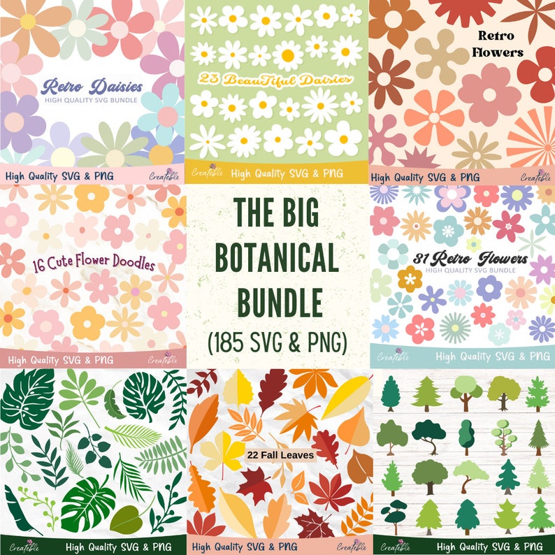 Botanical SVG Bundle, Retro Flower Bundle, Boho Floral SVG, Botanical ...
