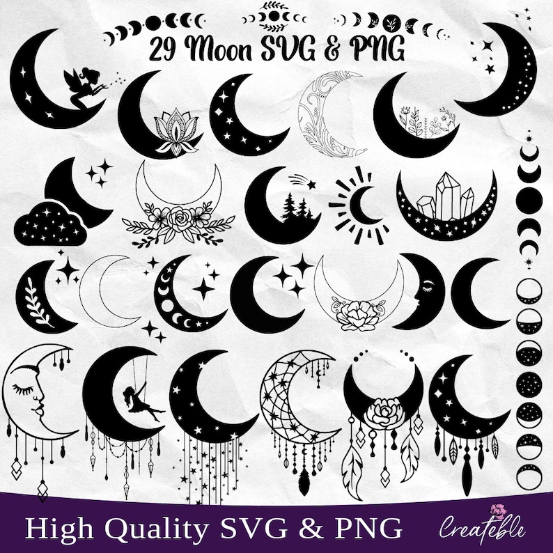 Moon Svg Bundle, Floral Moon SVG PNG, Boho Moon Clipart, Moon and Stars ...