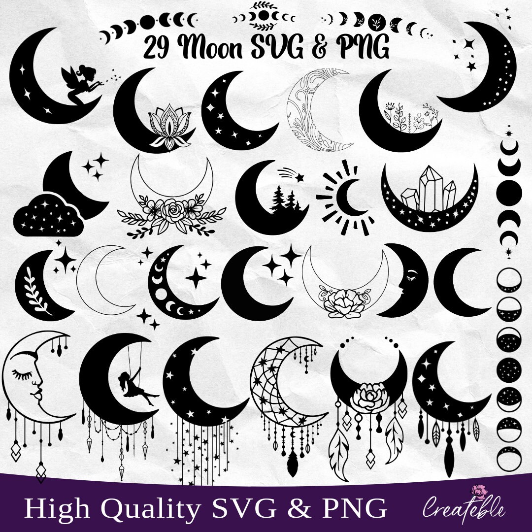 Moon Svg Bundle, Floral Moon SVG PNG, Boho Moon Clipart, Moon and Stars ...