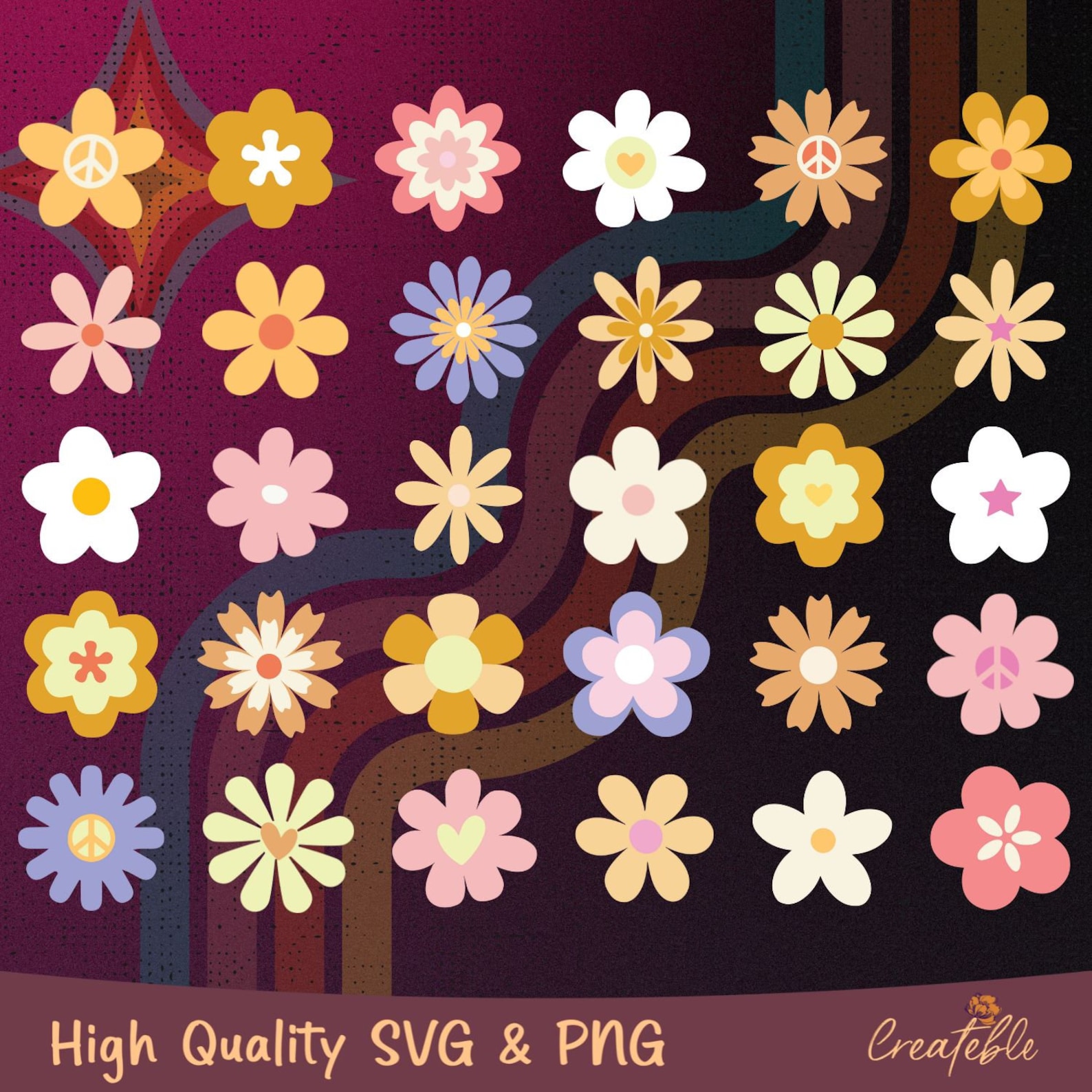 Hippie Flowers SVG PNG, Groovy Flower SVG, Retro Flower Svg, Hippie ...