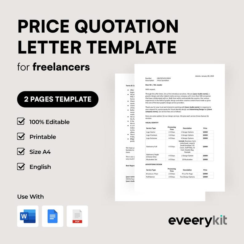 Editable Price Quotation Letter Template for Freelancers - Save Time ...