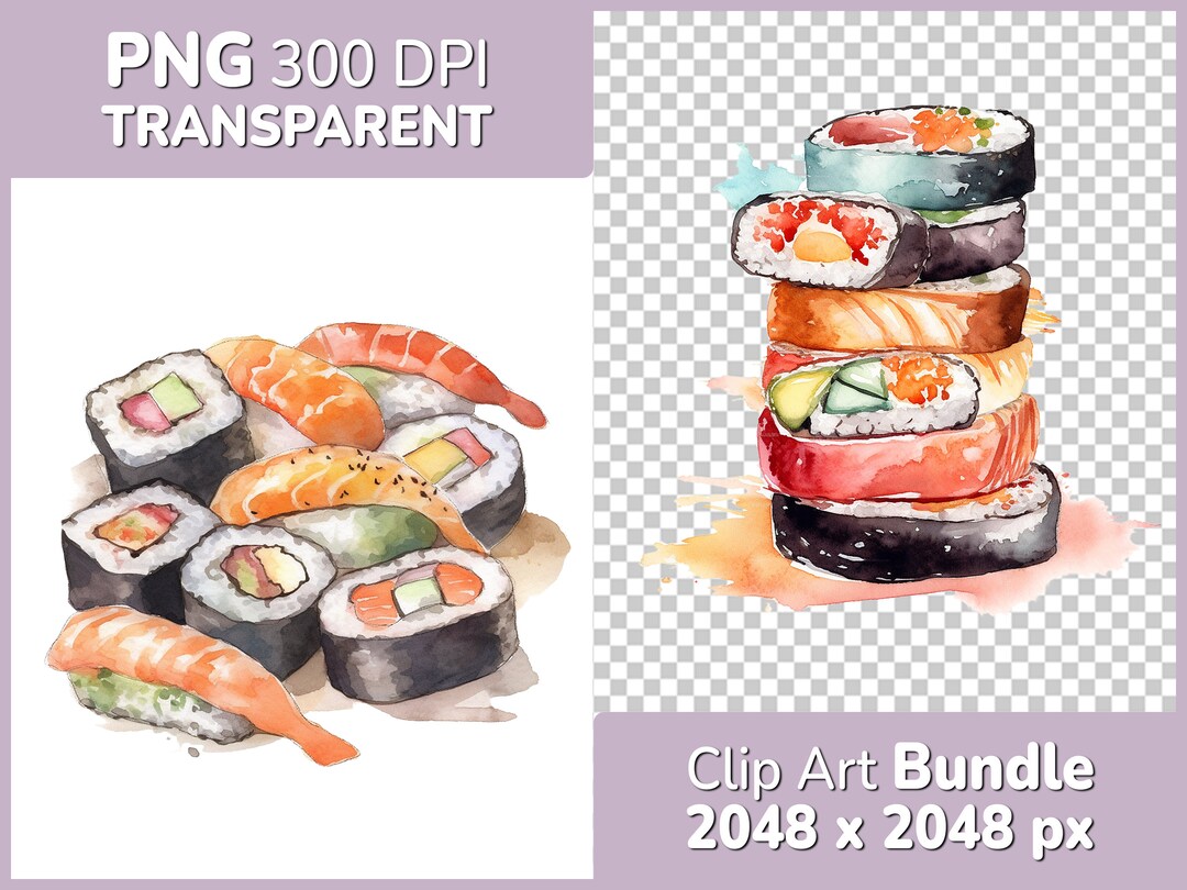 Sushi Asian Clipart Bundle 8x Detailed Watercolor Motifs PNG ...