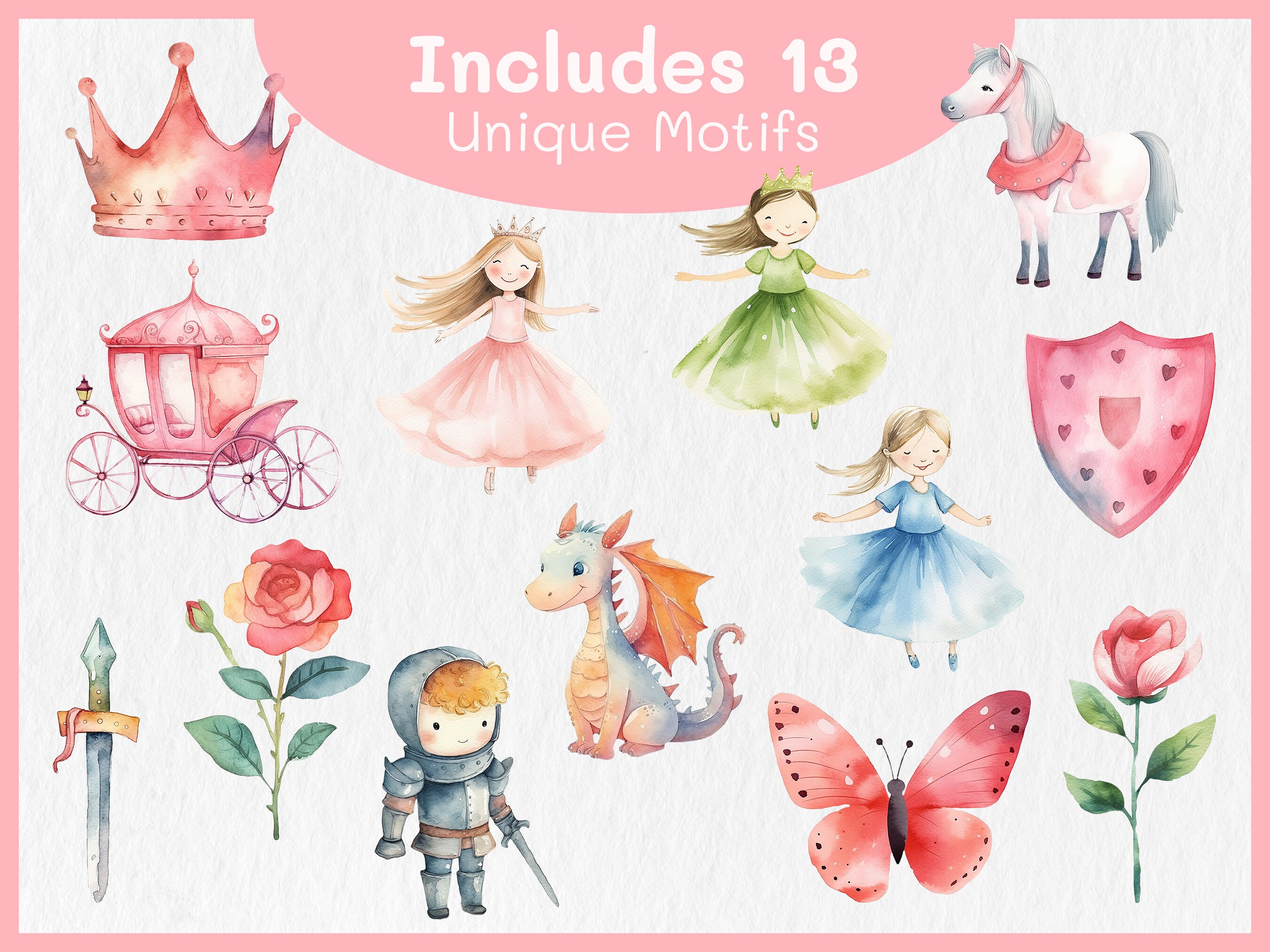 Cute Princess and Knight Clipart Bundle Sweet Watercolor Illustrations ...