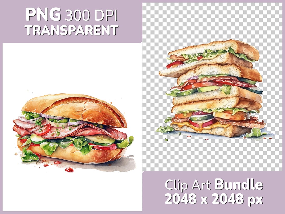 Sandwich Food Clipart Bundle 8x Detailed Watercolor Designs, PNG ...