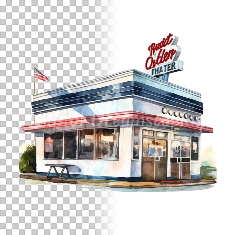 Retro Diner Restraurants Clipart Bundle 01, 8x Detailed Watercolor ...