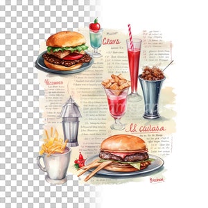 Retro Diner Restraurants Clipart Bundle 01, 8x Detailed Watercolor ...