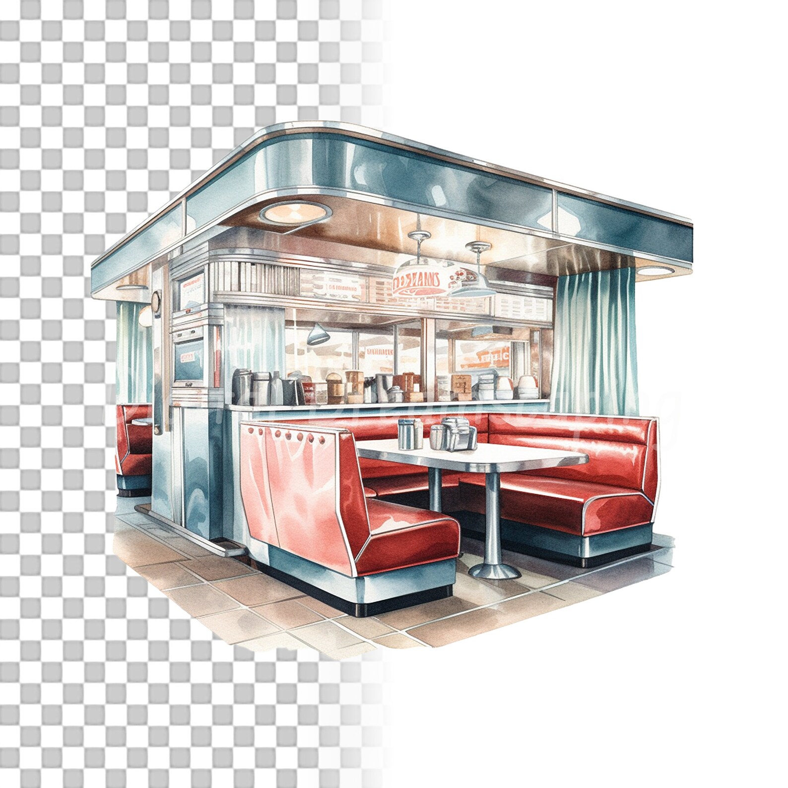 Retro Diner Restraurants Clipart Bundle 01, 8x Detailed Watercolor ...