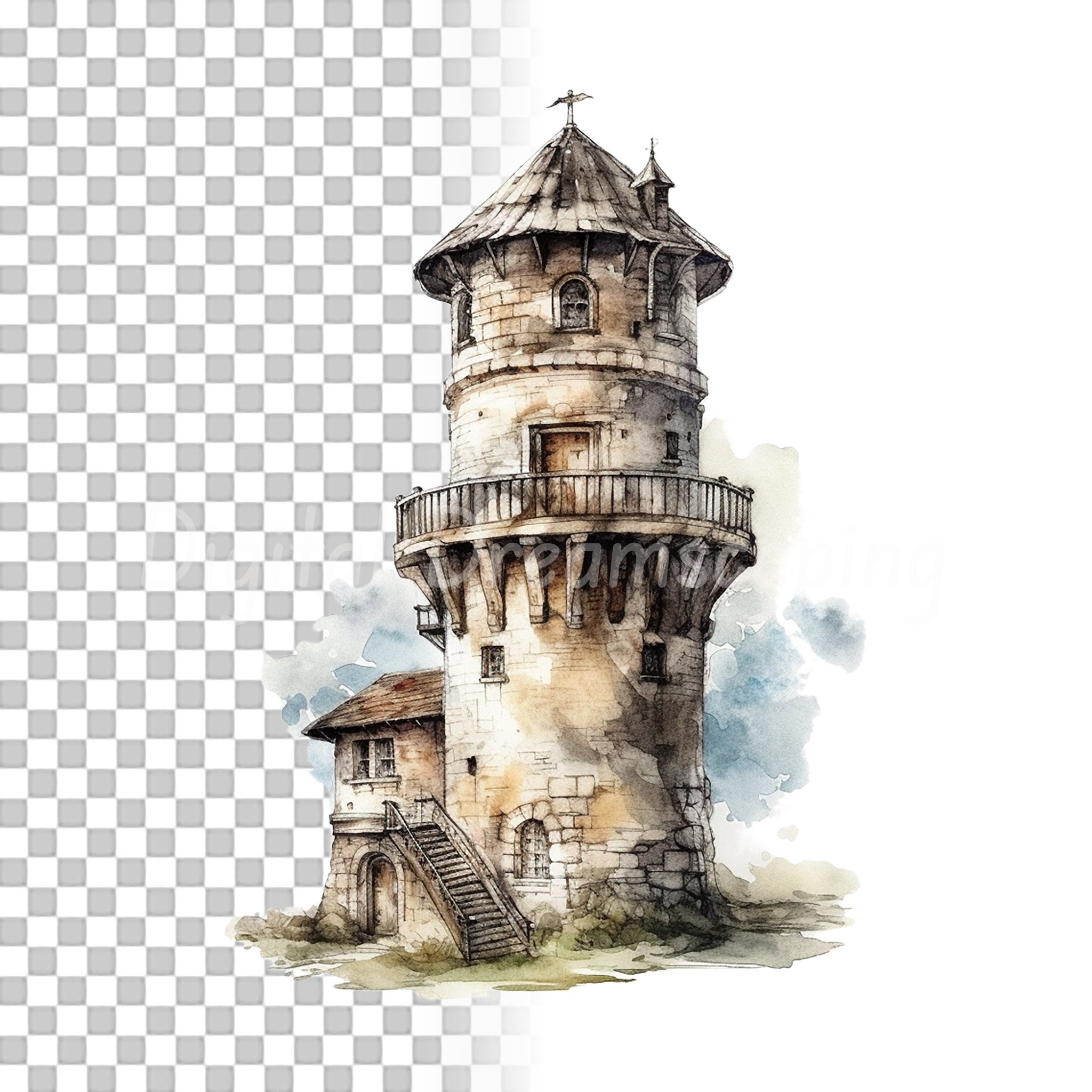 Medieval Watchtower Clipart Bundle 01, 8x Detailed Watercolor Motifs ...