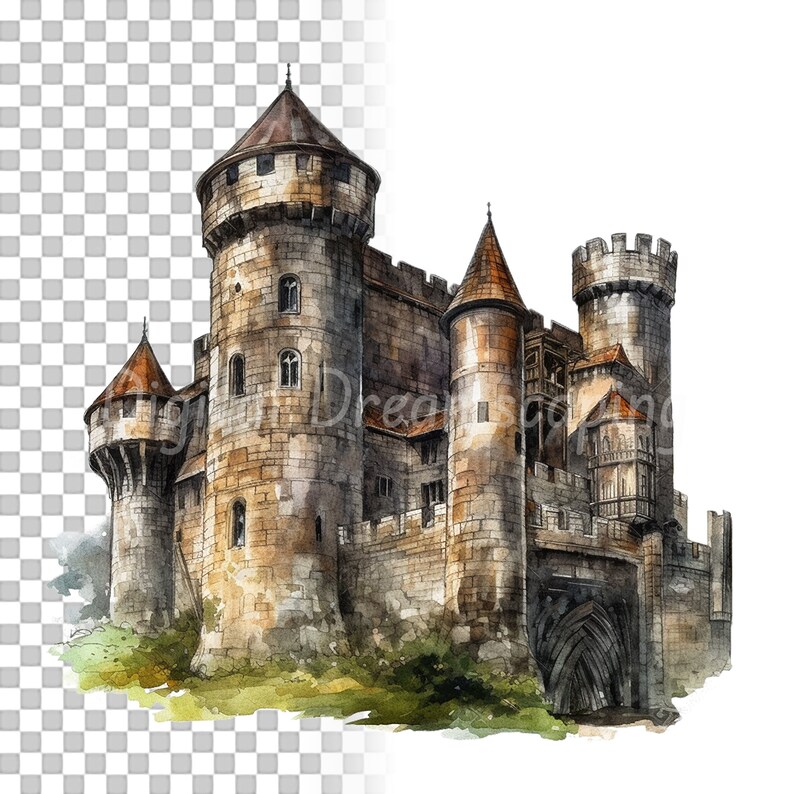 Medieval Castles Clipart Bundle 8x Detailed Watercolor Motifs PNG With ...