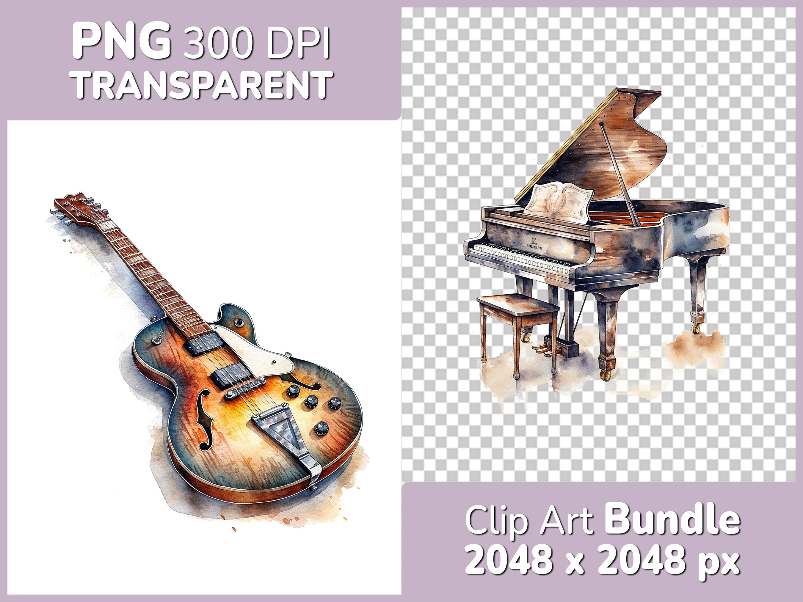 Music Instruments Clipart Bundle 8x Detailed Watercolor Designs PNG ...