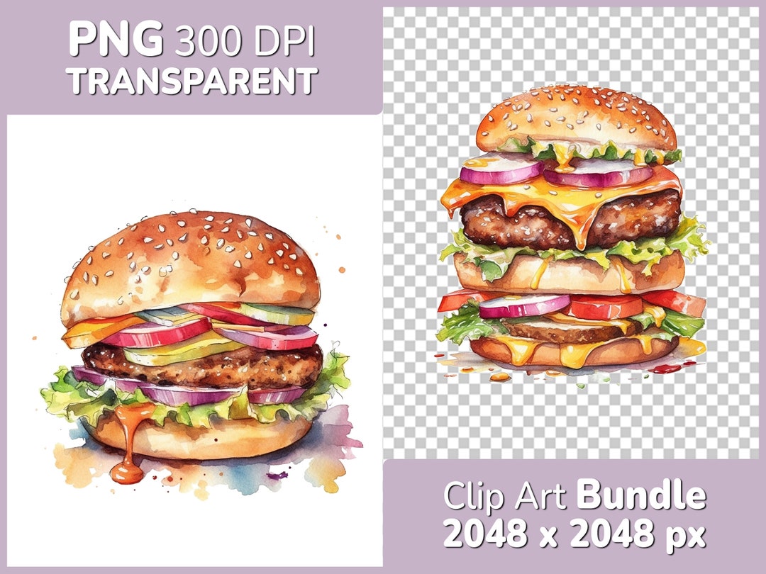 Burger Hamburger Clipart Bundle 8x Detailed Watercolor Designs PNG ...