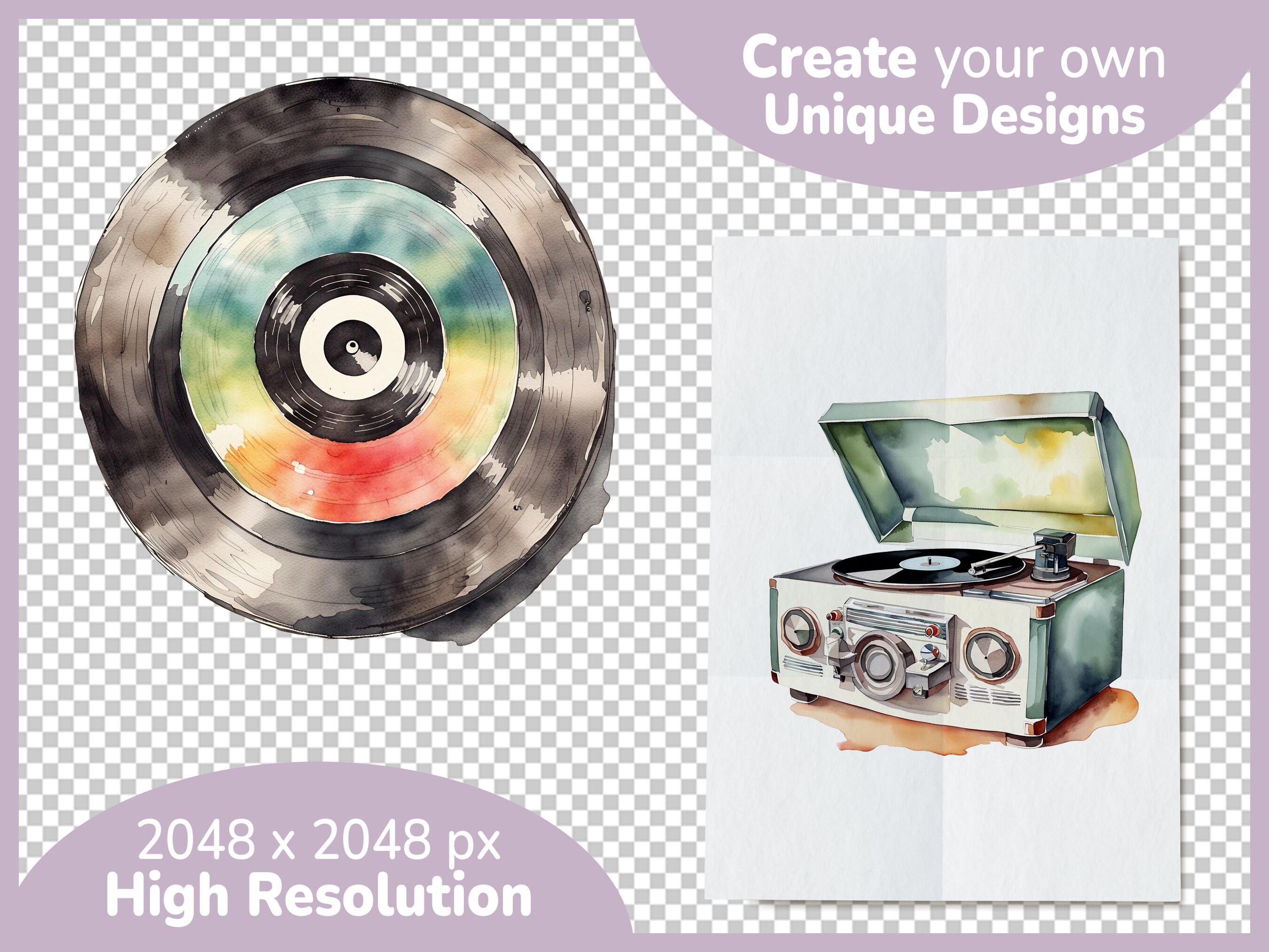 Retro Vinyl Record Player Clipart Bundle 12x PNG Images Transparent ...