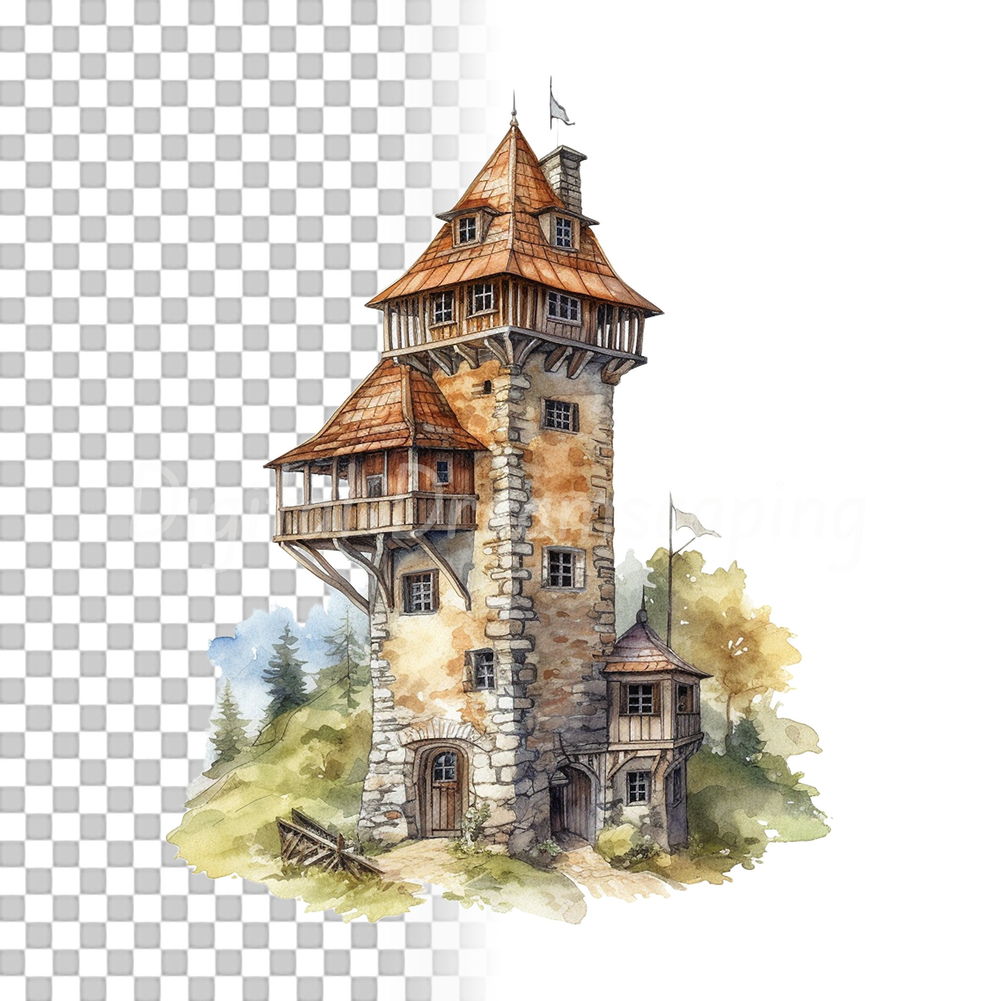 Medieval Watchtower Clipart Bundle 01, 8x Detailed Watercolor Motifs ...