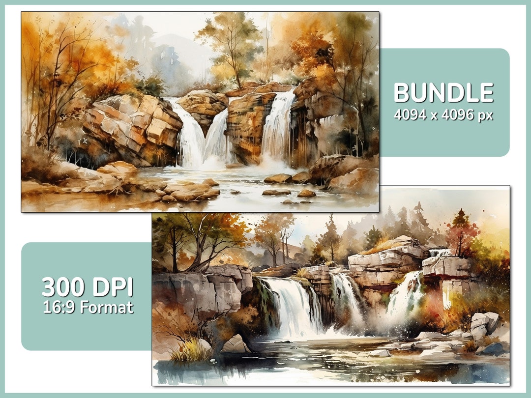 Waterfall Watercourse Motif Bundle 01, 8x High Quality Watercolor ...