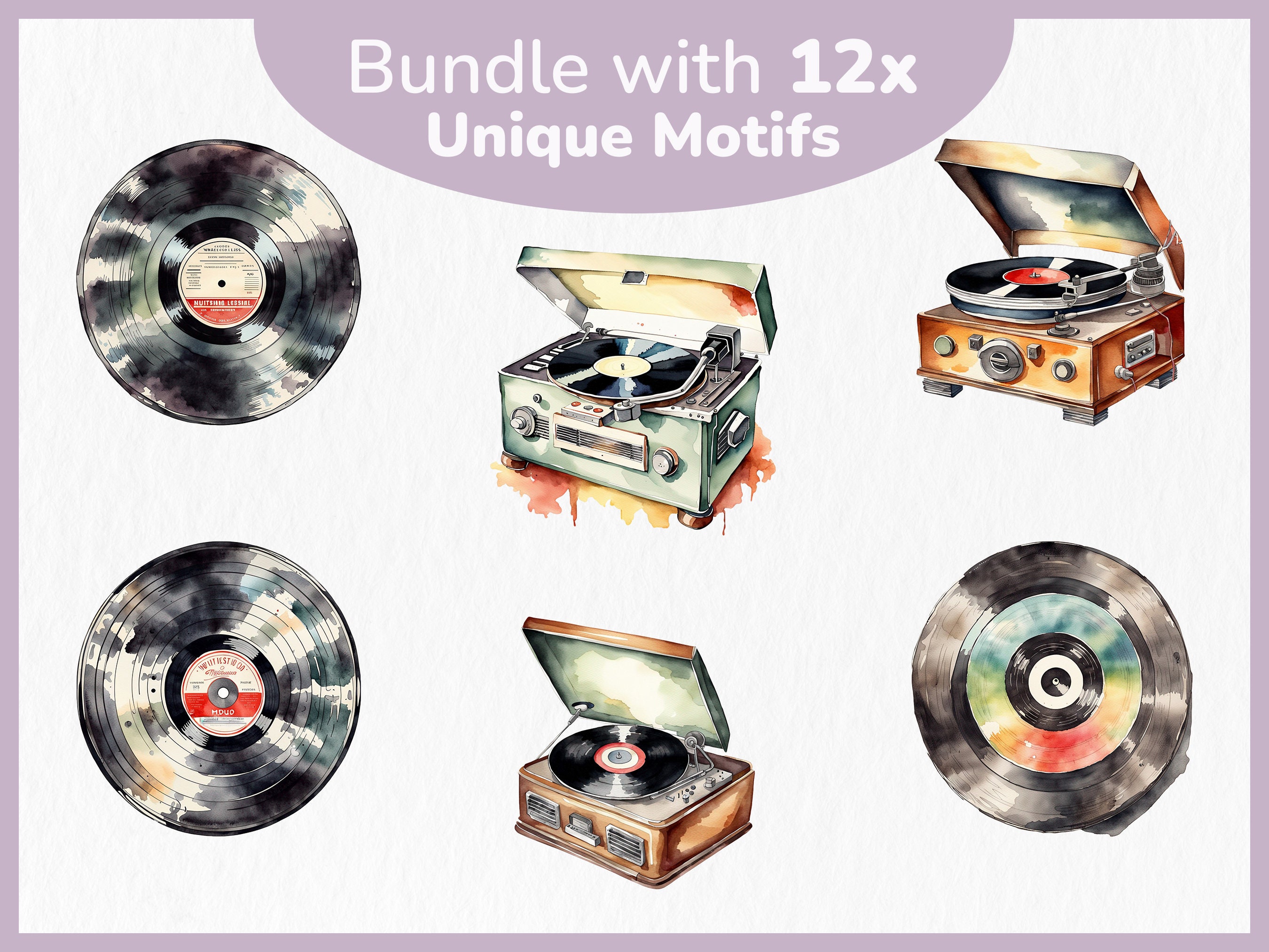 Retro Vinyl Record Player Clipart Bundle 12x PNG Images Transparent ...