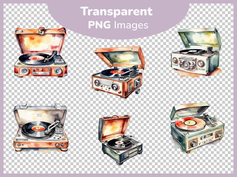Retro Vinyl Record Player Clipart Bundle 12x PNG Images Transparent ...