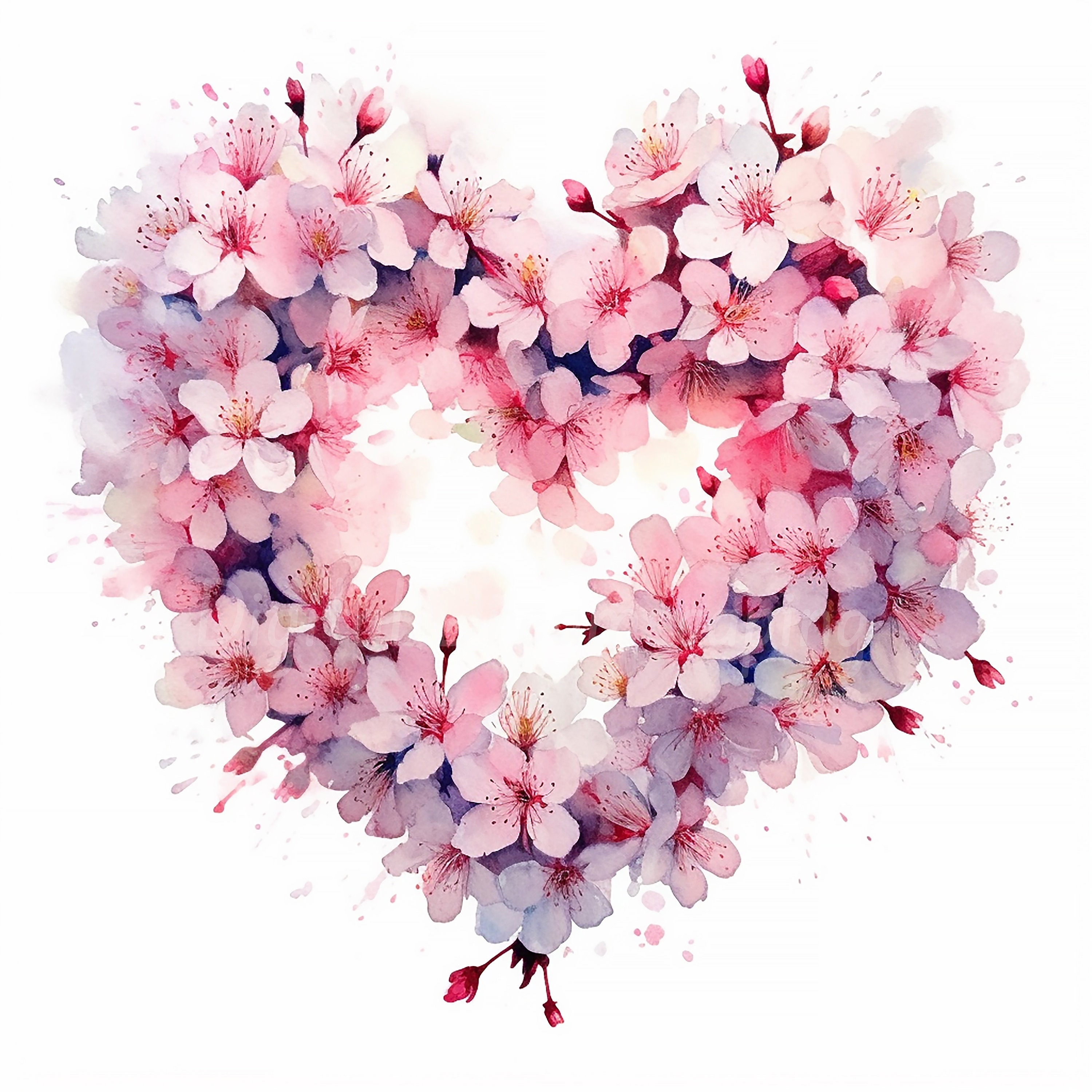 Cherry Blossom Heart Clipart Bundle, Digital Download, Watercolor, Wall ...