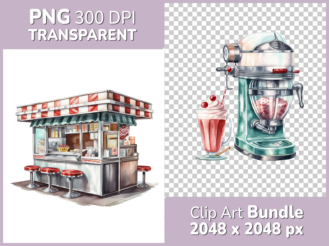 Retro Diner Restraurants Clipart Bundle 01, 8x Detailed Watercolor ...