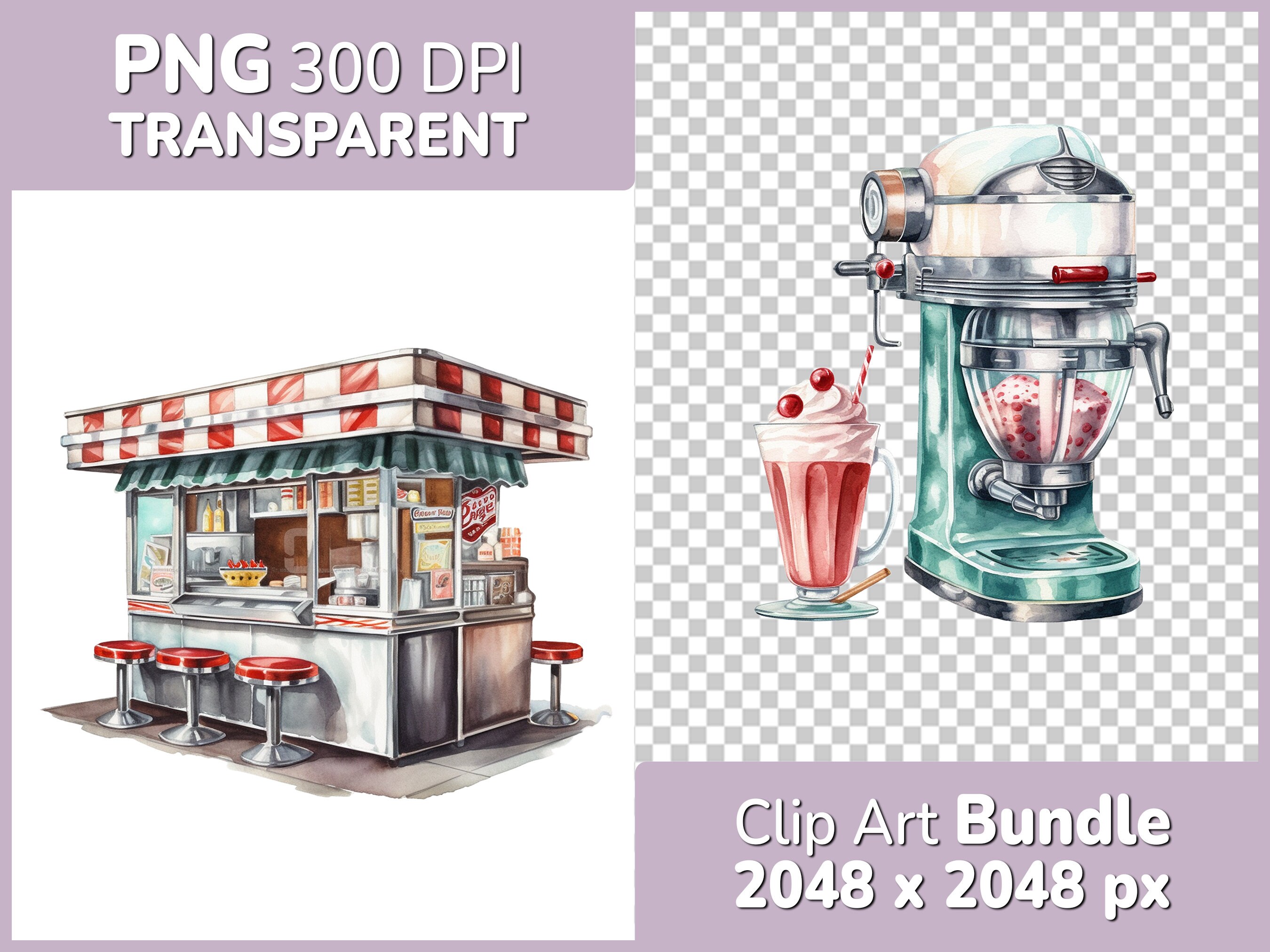 Retro Diner Restraurants Clipart Bundle 01, 8x Detailed Watercolor ...