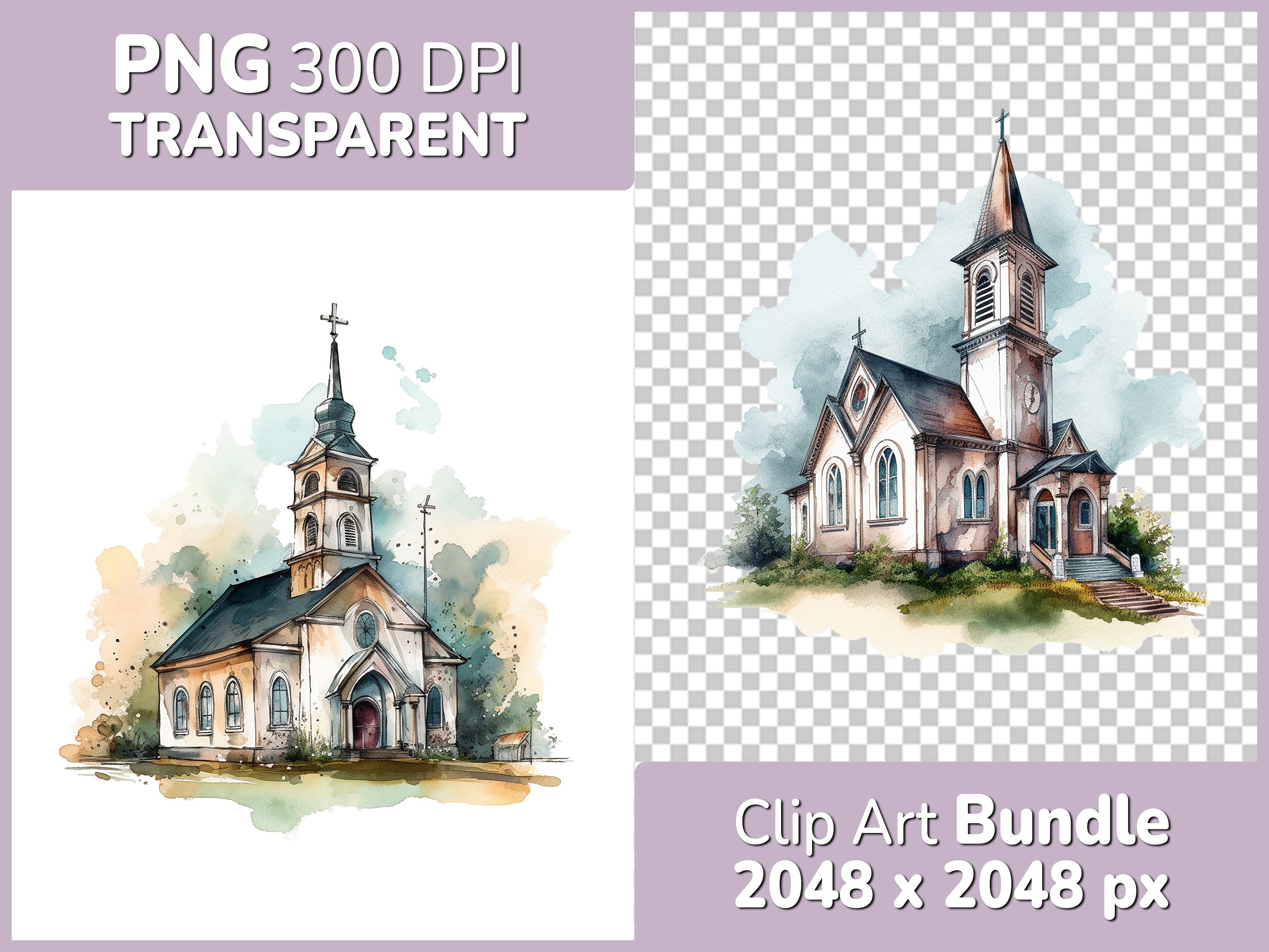 Church Chapel Clipart Bundle 01, 8x Detailed Watercolor Motifs, PNG ...