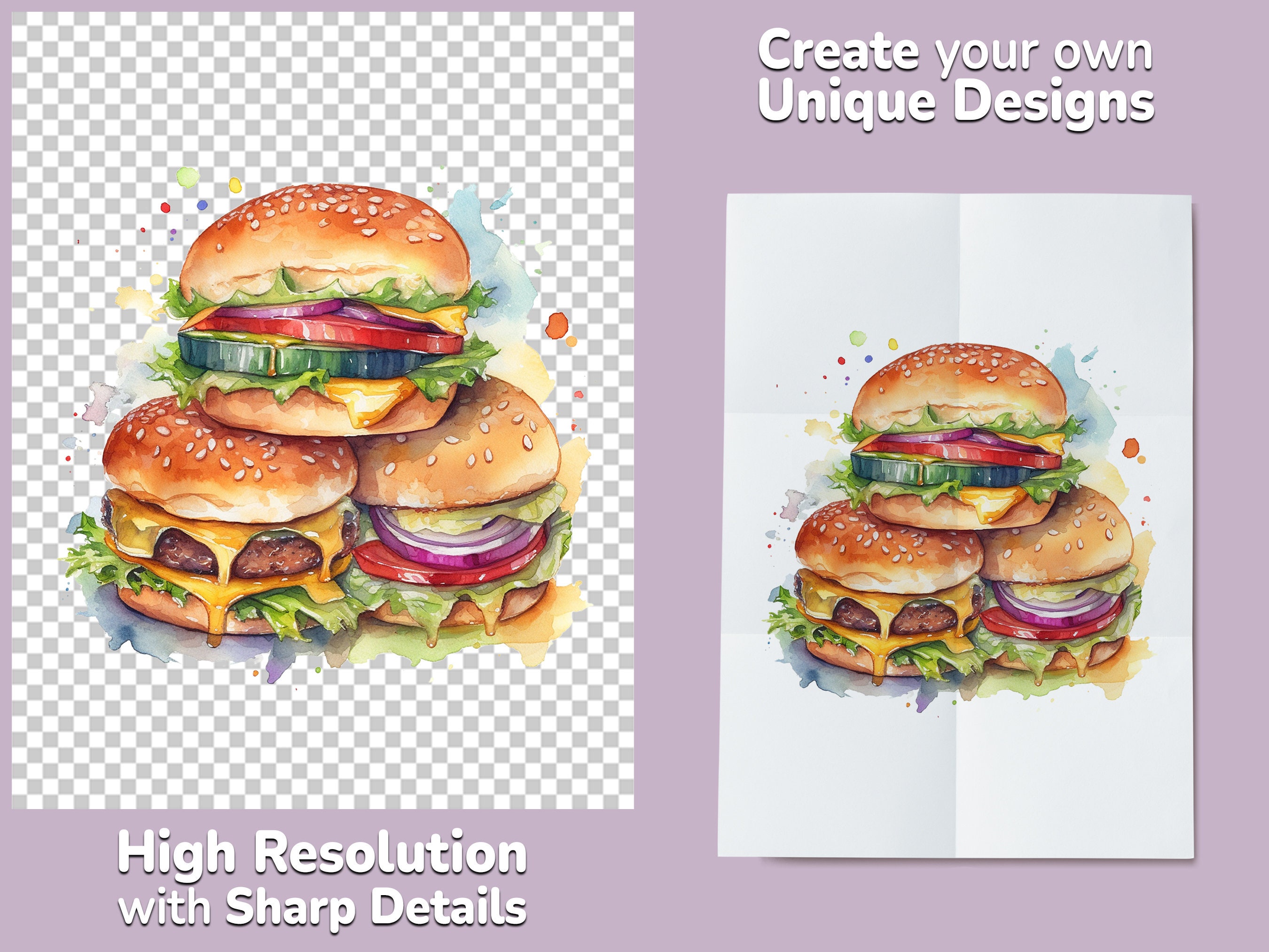 Burger Hamburger Clipart Bundle 8x Detailed Watercolor Designs PNG ...