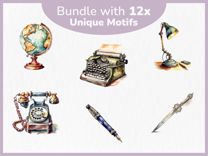 Vintage Office Supplies Clipart Bundle 12x PNG Images Transparent ...