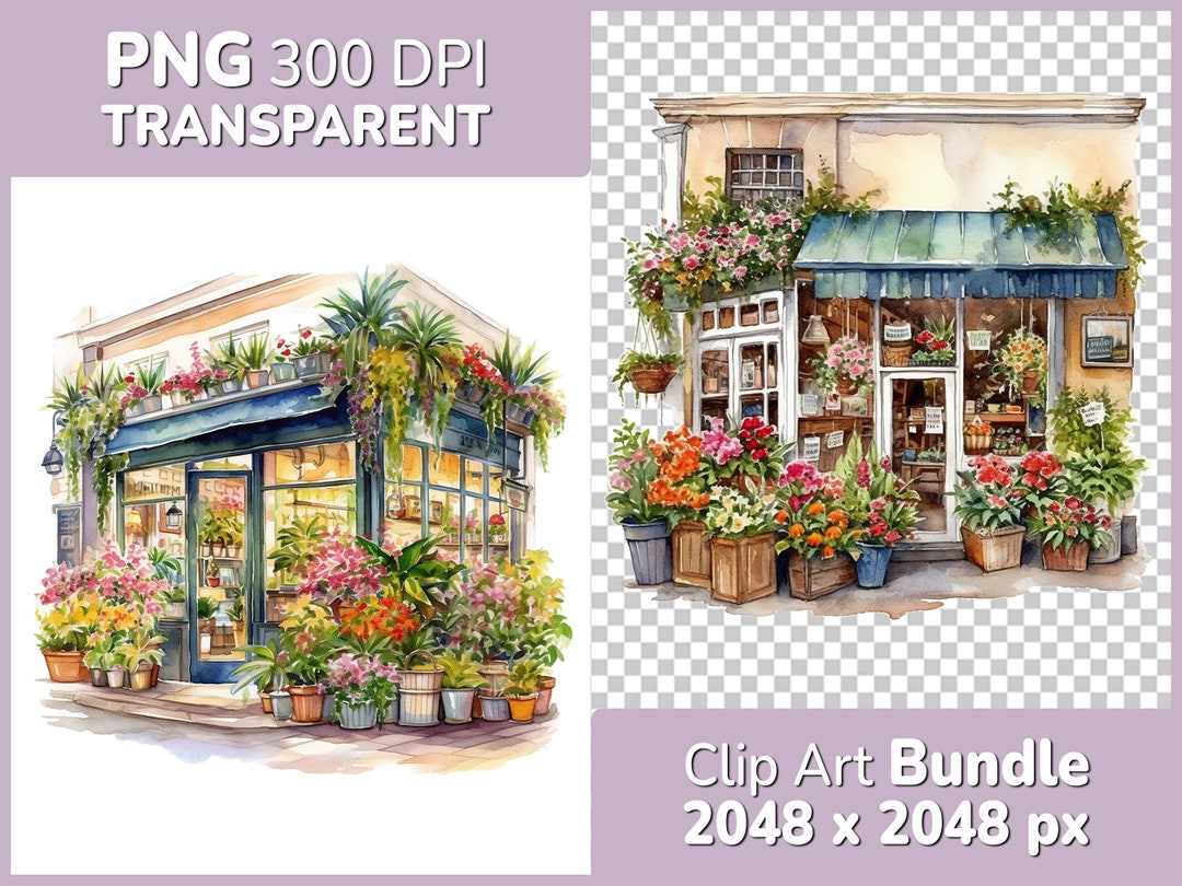 Shop Fronts Shops Clipart Bundle 01, 8x Detailed Watercolor Motifs, PNG ...