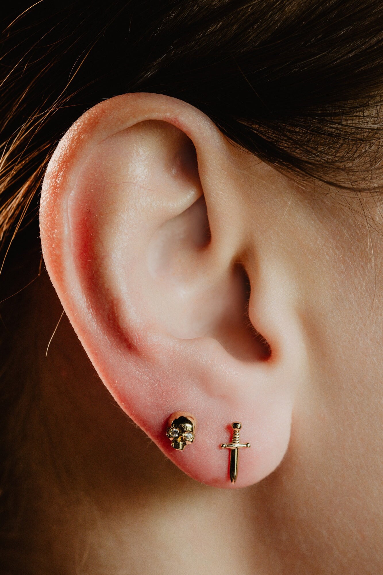 14K Solid 585 Gold Diamond Skull Piercing, Fine Body Jewelry, Helix ...