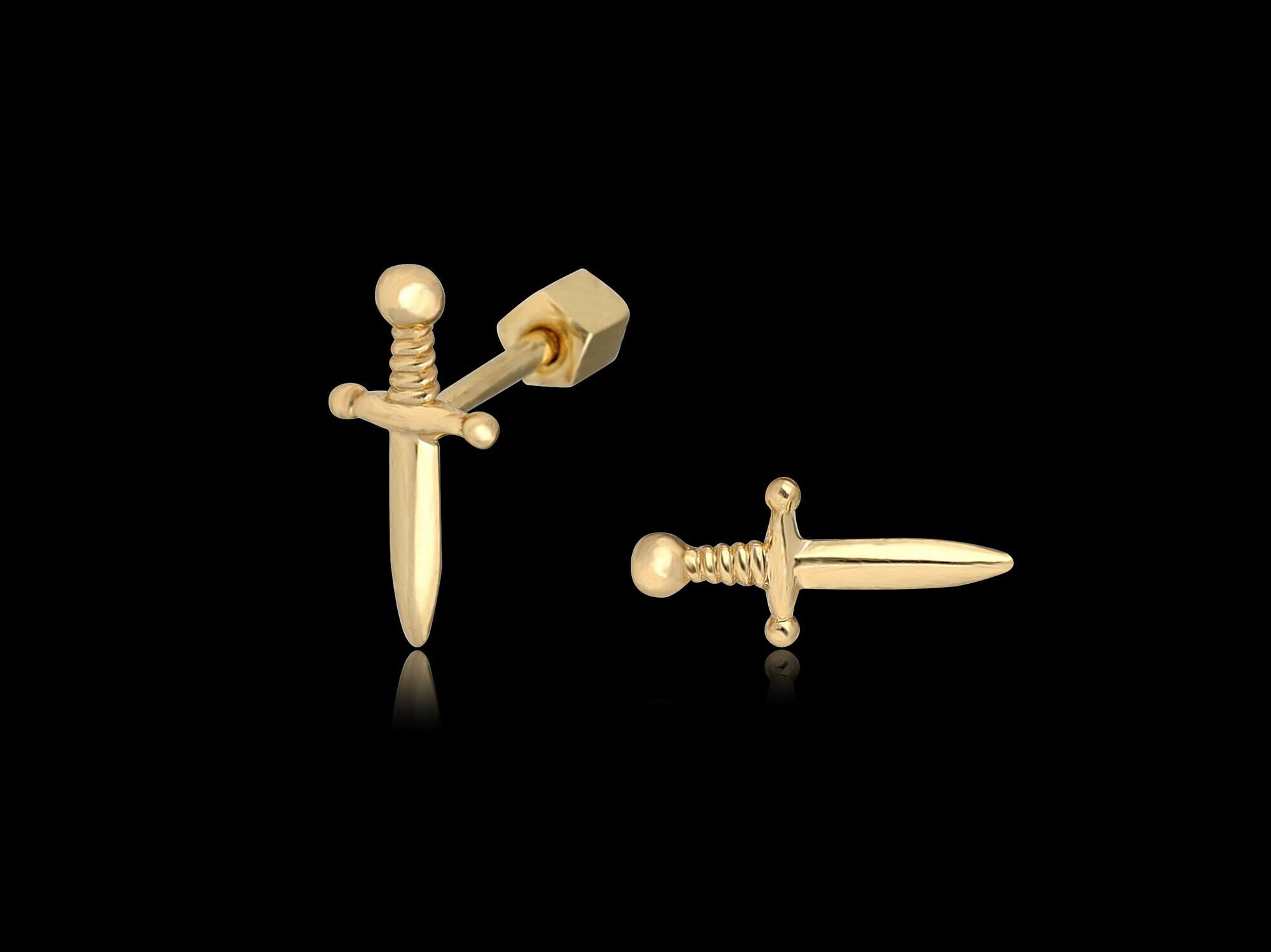 14K Solid 585 Gold Sword Piercing, Helix Piercing, Tragus Piercing ...